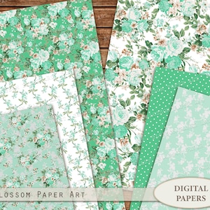 Green Mint Digital Papers, Floral Digital Paper Pack, Rose Digital ...