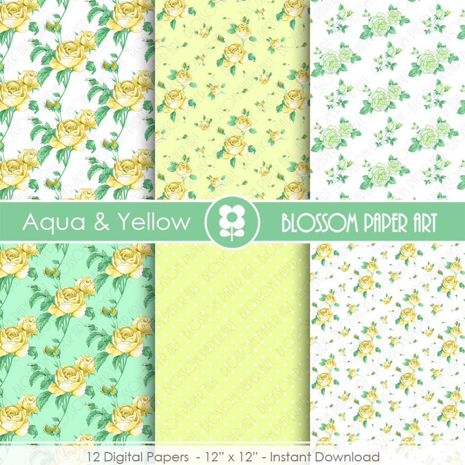 Aqua Floral Digital Paper Yellow Roses Shabby Chic Digital - Etsy