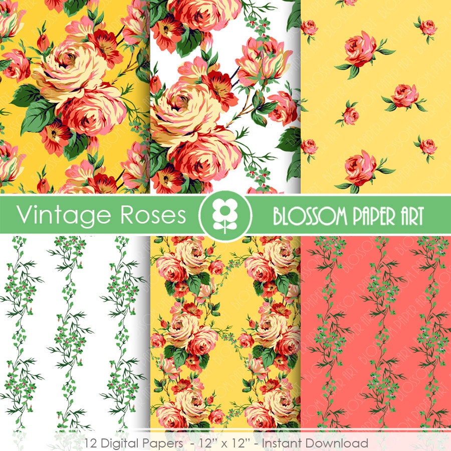 Yellow Digital Paper Rose Digital Paper Pack Floral | Etsy