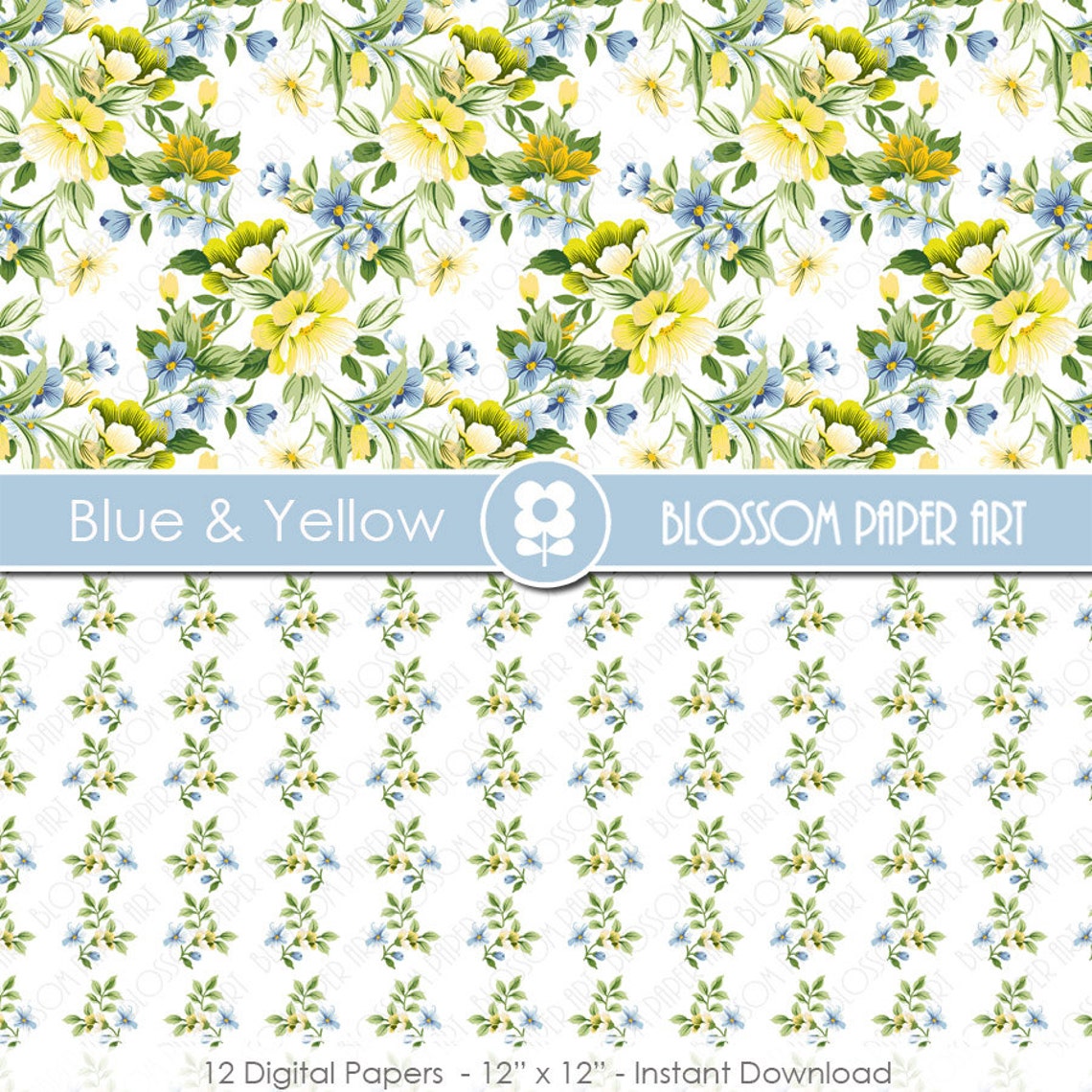 Floral Digital Paper Floral Digital Paper Pack Yellow Blue - Etsy