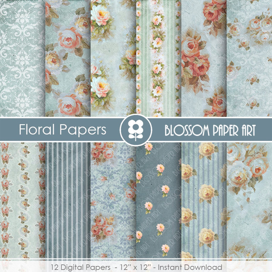 Blue Digital Paper, Floral Digital Paper Pack, Blue Flowers ...