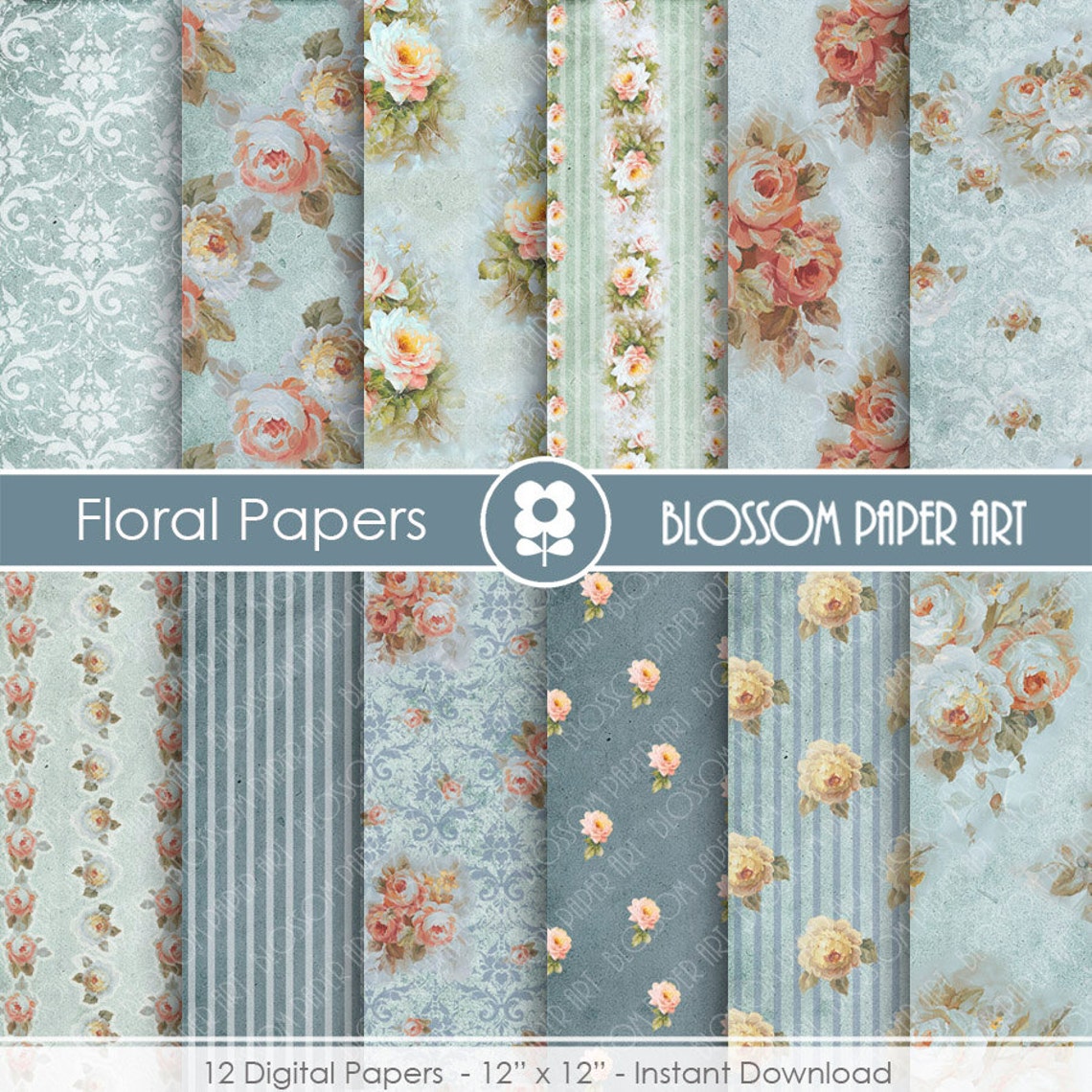 Blue Digital Paper Floral Digital Paper Pack Blue Flowers - Etsy