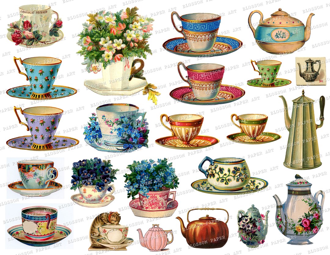 Tea Time Vintage Collage Sheet Printable Teapot, Teacups, Cups, Vintage ...