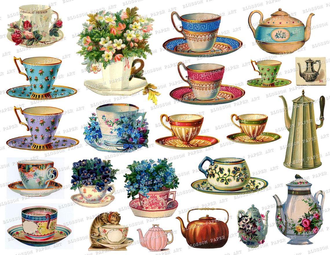 Tea Time Vintage Collage Sheet Printable Teapot Teacups - Etsy