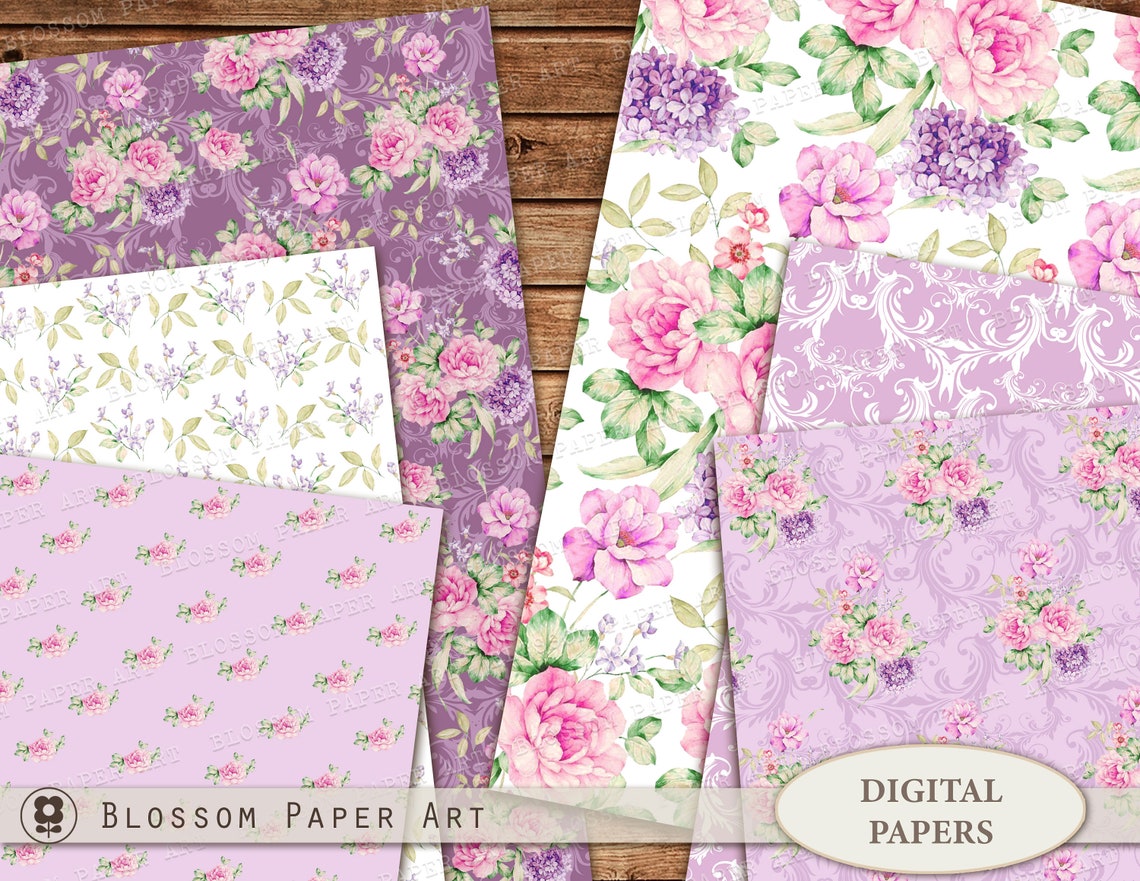 Purple Floral Digital Paper Pack: Scrapbook & Decoupage (digital ...