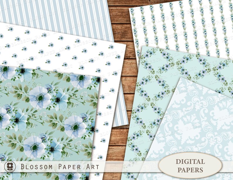 Light Blue Floral Digital Paper Pack: Scrapbook Collage (digital ...