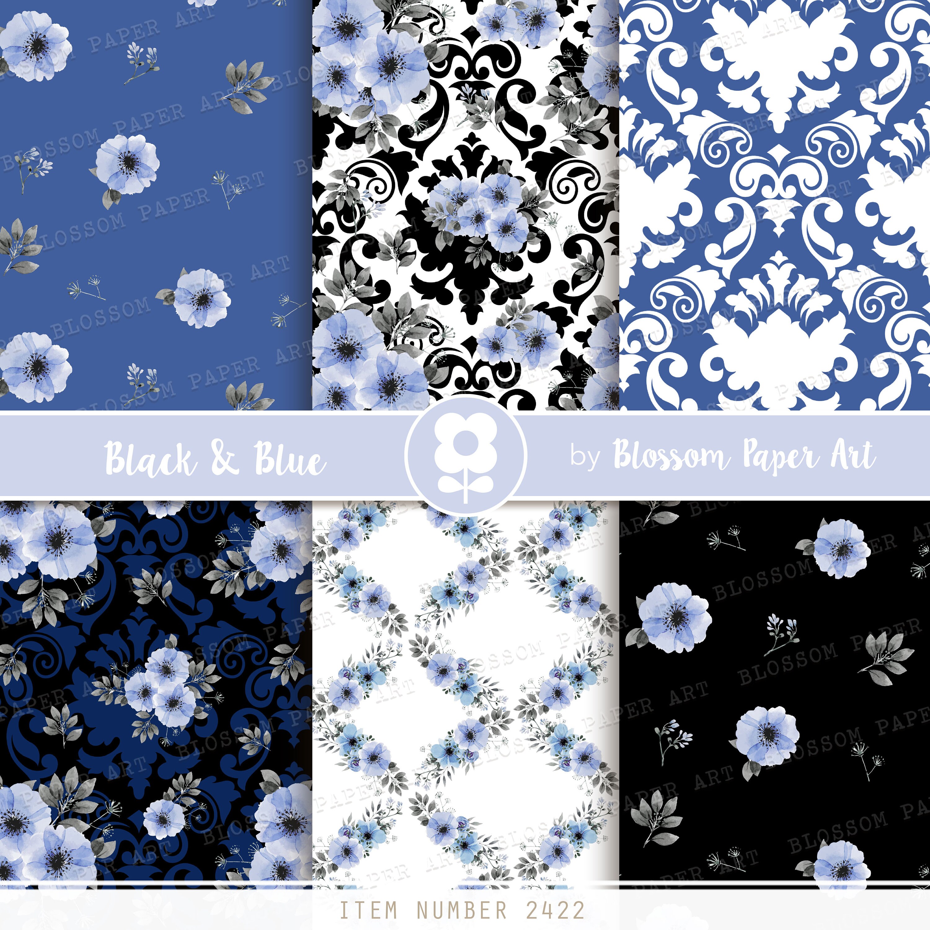 Black and Blue Digital Paper Floral Digital Paper Pack | Etsy