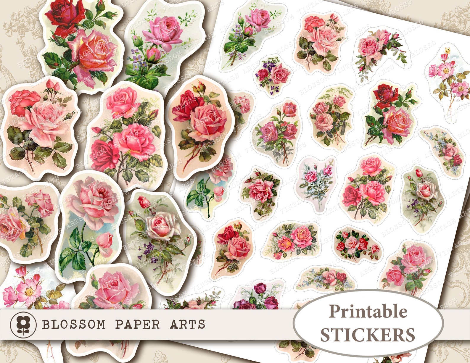 VINTAGE ROSES Printable Stickers Digital Collage Printable - Etsy