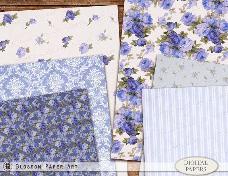 Blue Scrapbook Paper Floral Digital Paper Vintage Paper Pack - Etsy