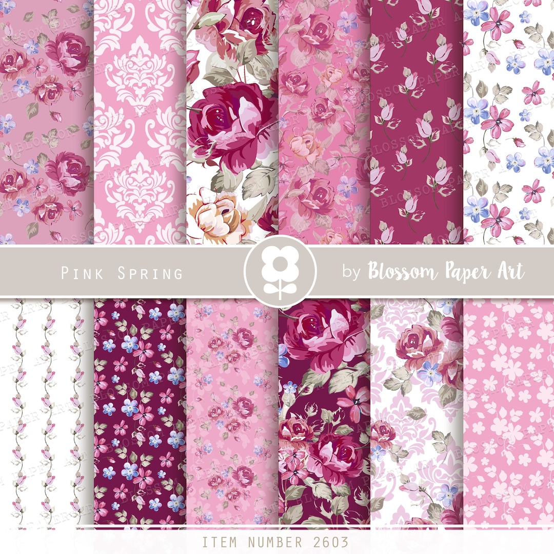 Pink Digital Paper, Floral Digital Papers, Scrapbook Paper Pack, Floral ...