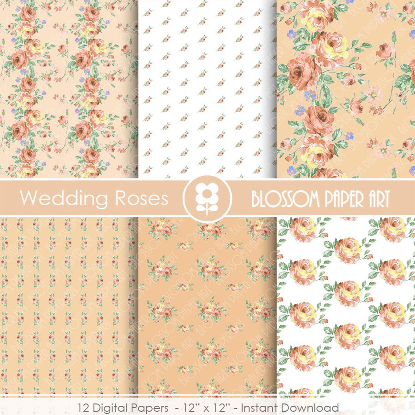 FLORAL Digital Paper Floral Digital Paper Pack Wedding Roses | Etsy