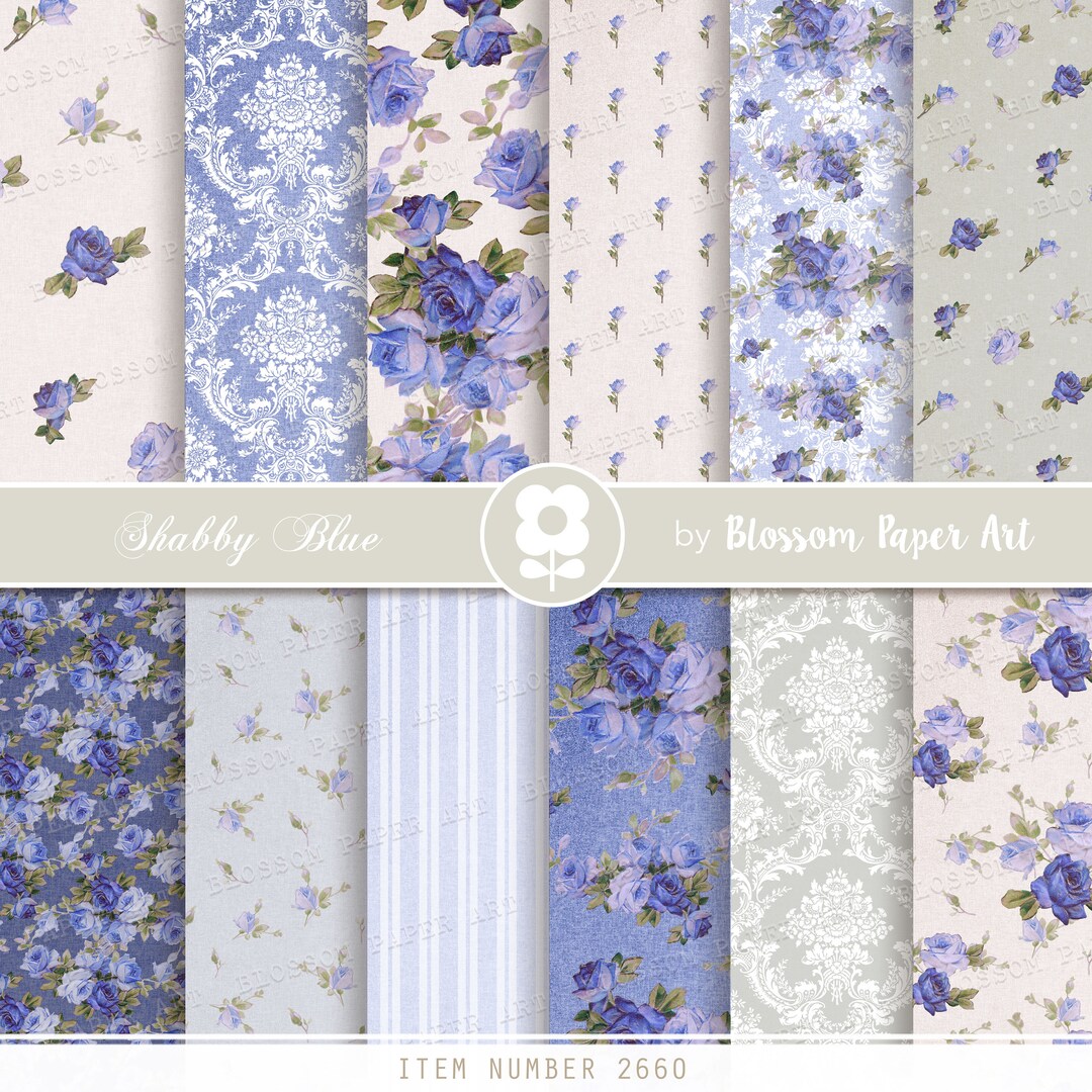 Blue Scrapbook Paper, Floral Digital Paper Vintage Paper Pack, Digital ...