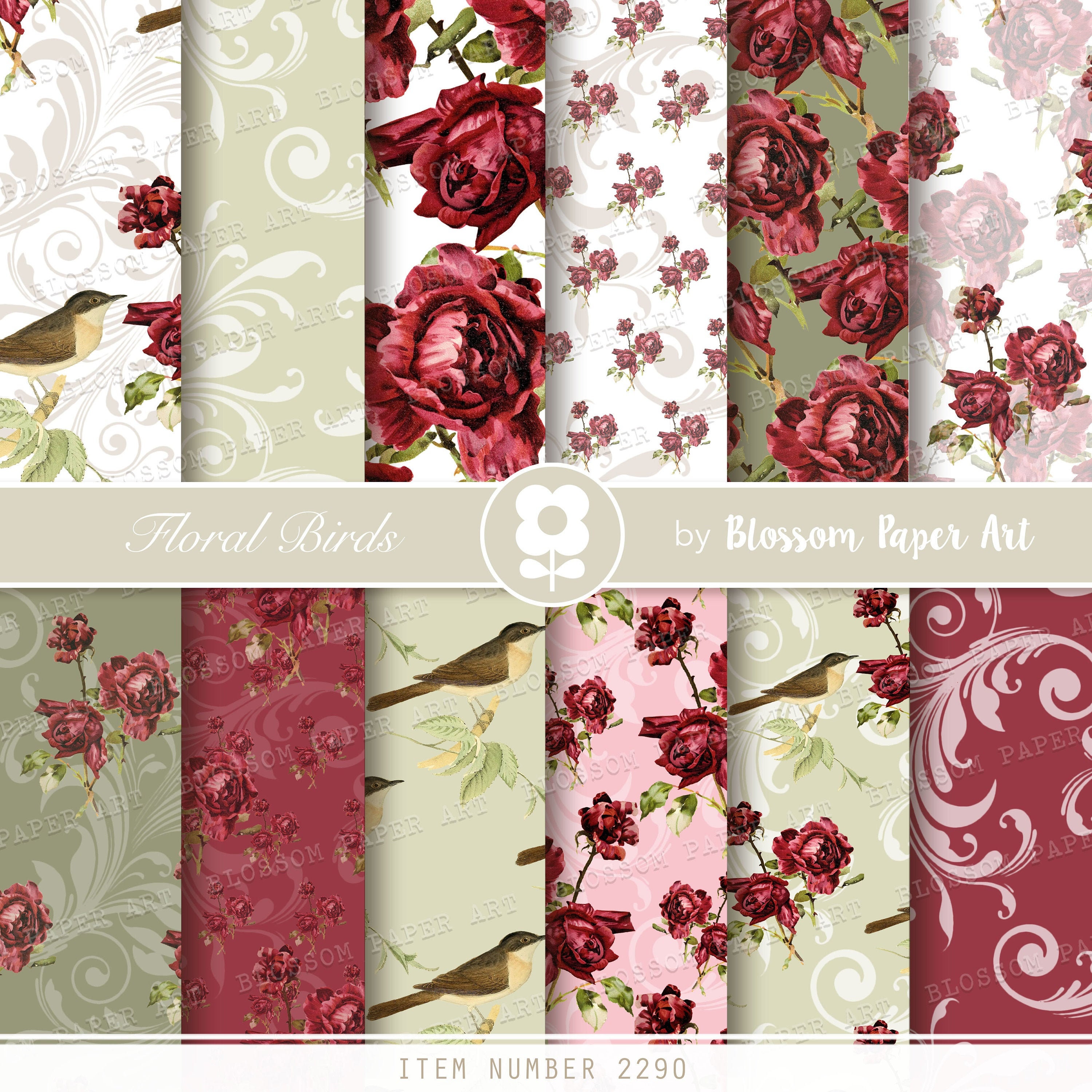 Floral Digital Paper BIRDS Vintage Roses Floral Digital Paper | Etsy