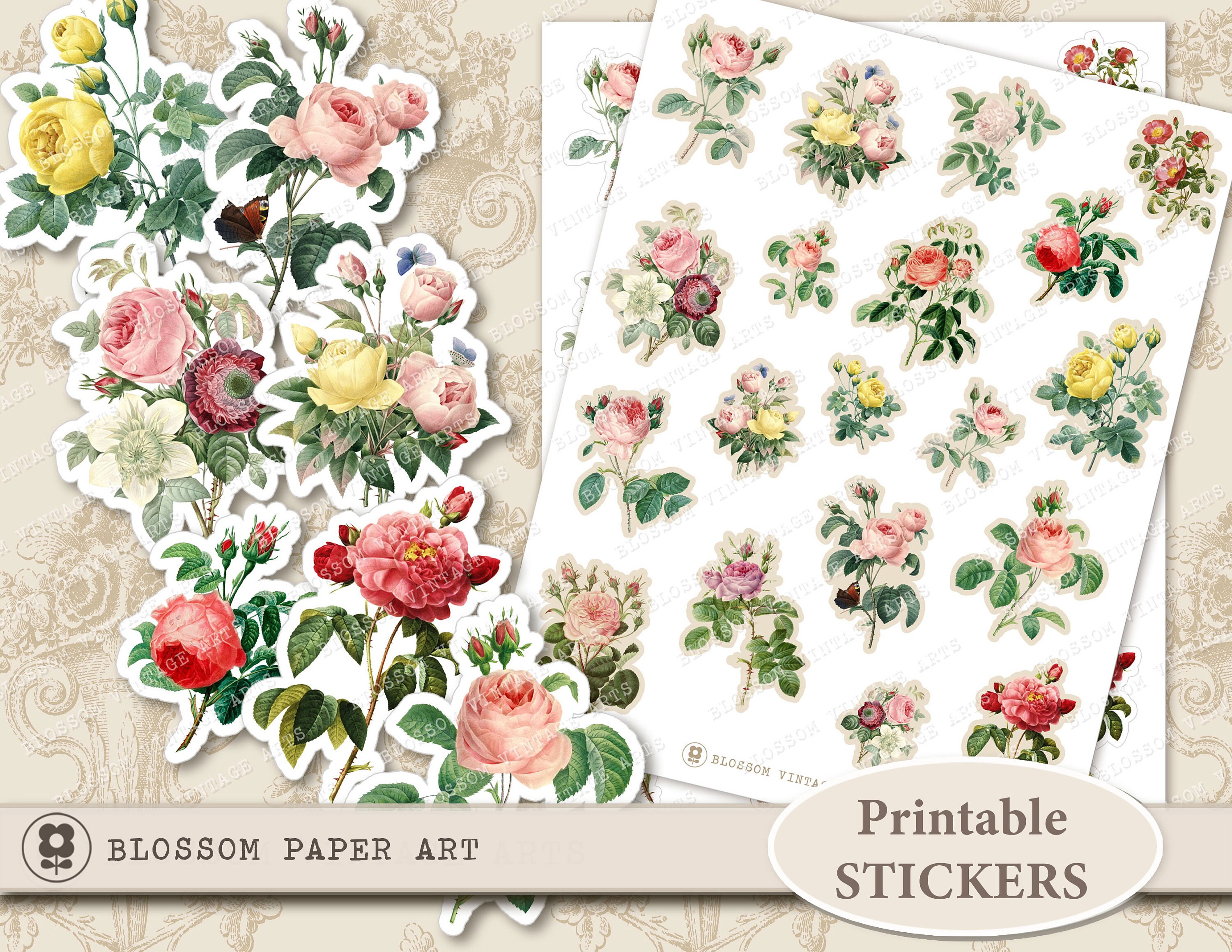 VINTAGE ROSES Stickers Digital Collage Printable Sheets | Etsy