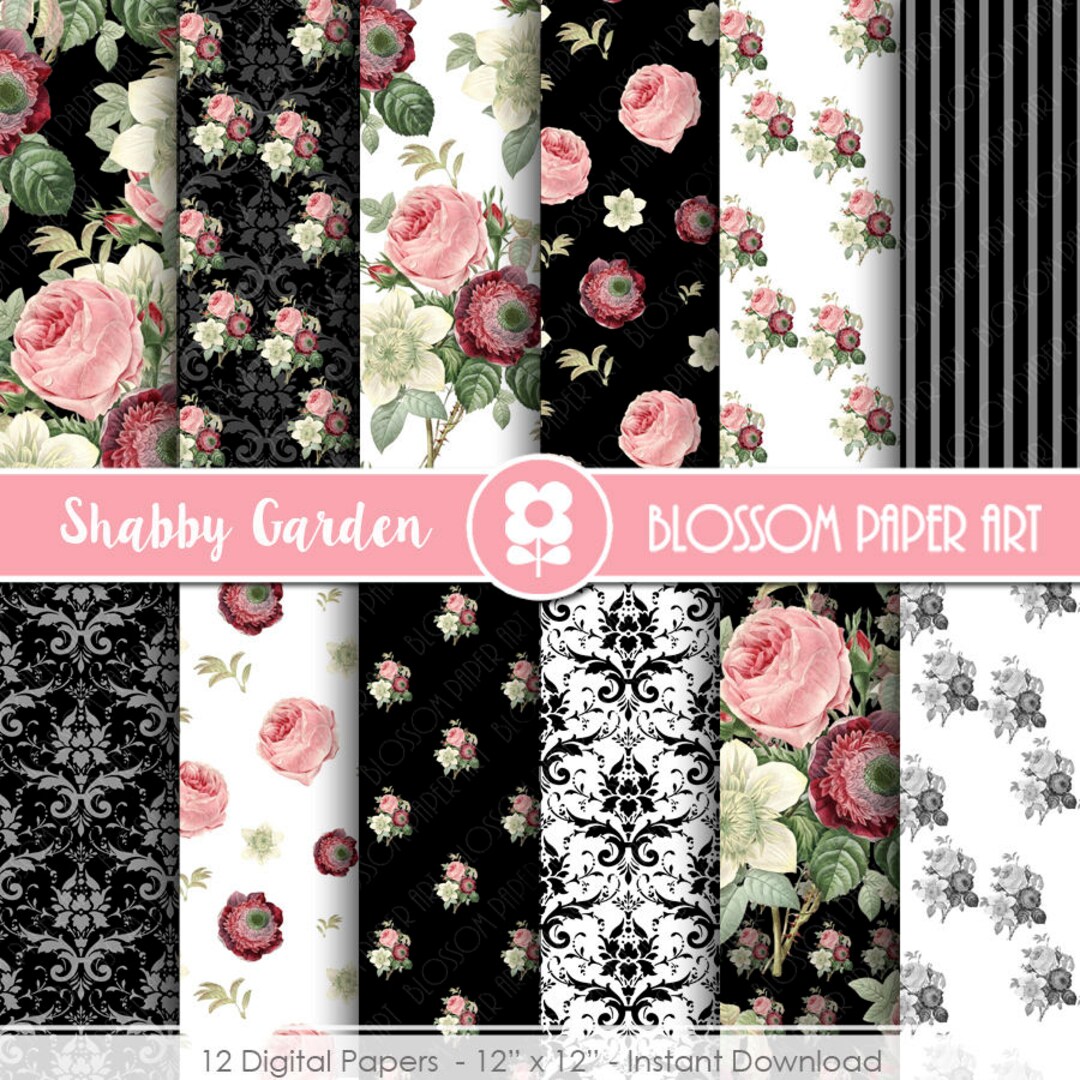 Floral Digital Paper, Roses Digital Paper Pack, Pink Back Wedding ...