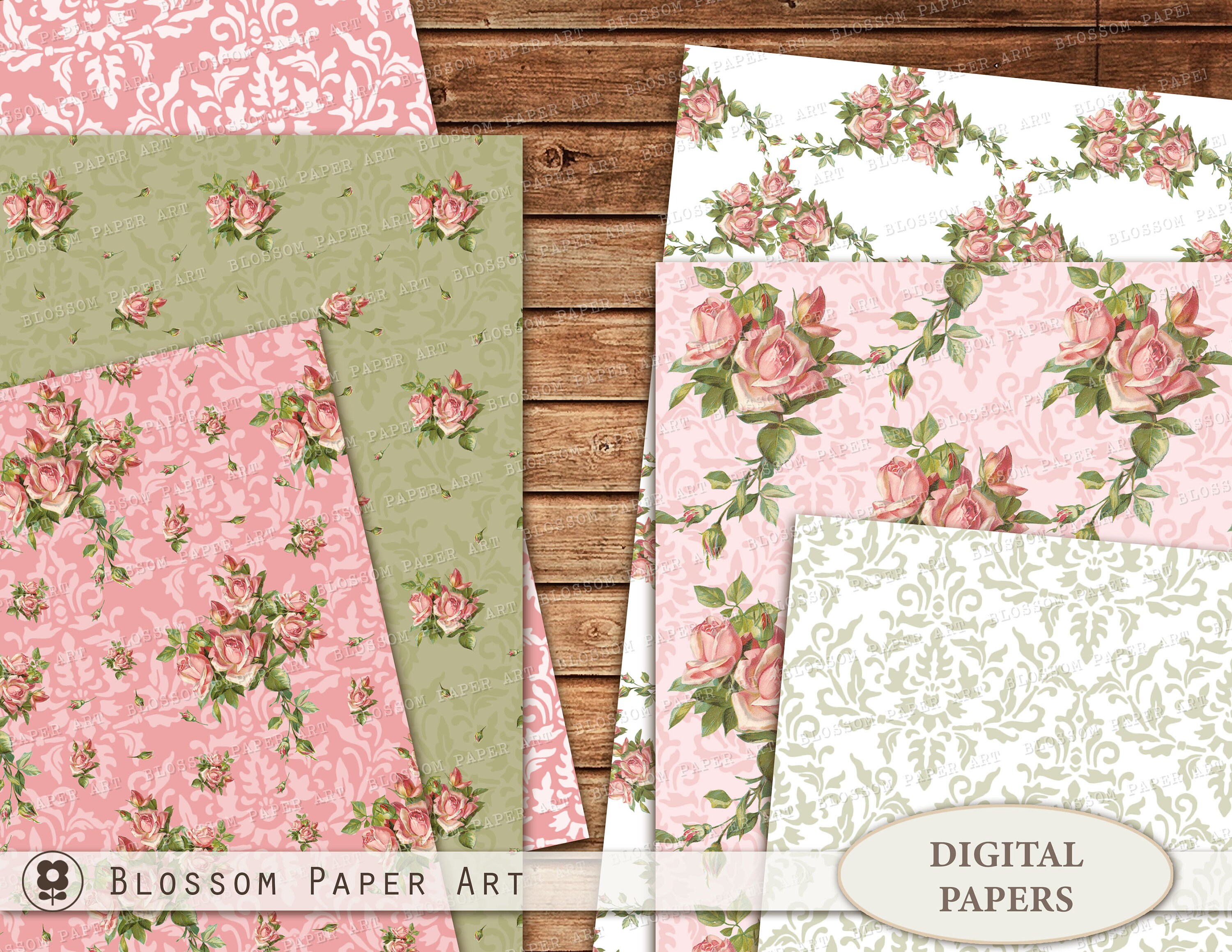 PINK Rose Floral Digital Paper Floral Digital Paper Pack | Etsy