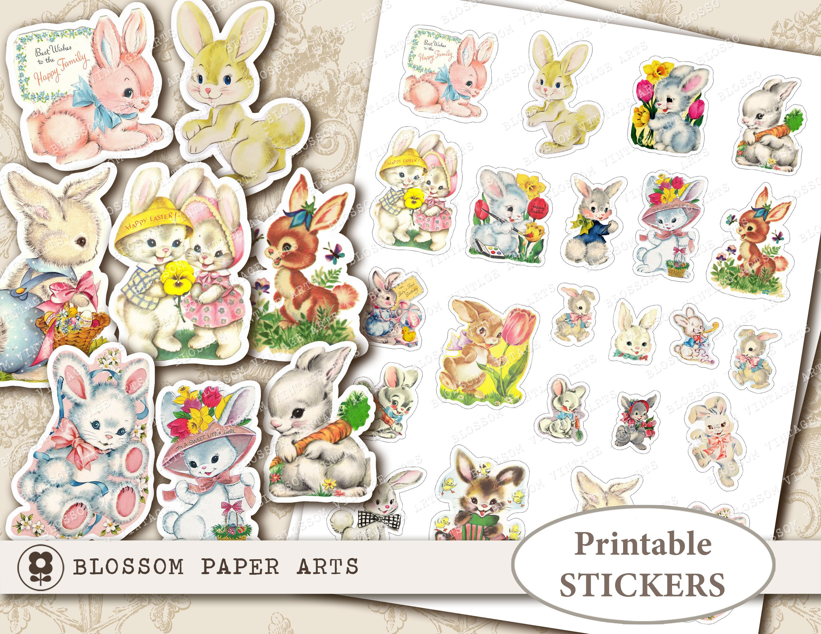 Baby Bunny Vintage Printable Stickers Digital Download - Etsy