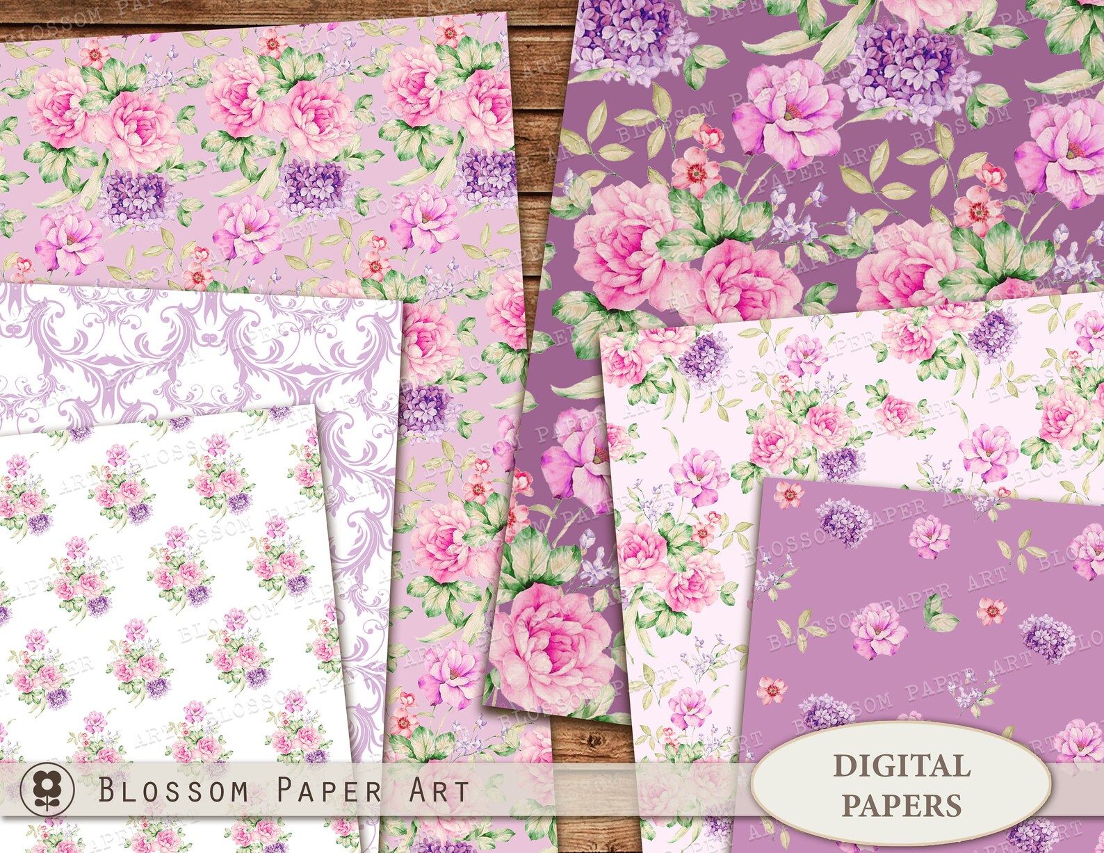 Purple Floral Digital Paper Pack: Scrapbook & Decoupage (digital ...