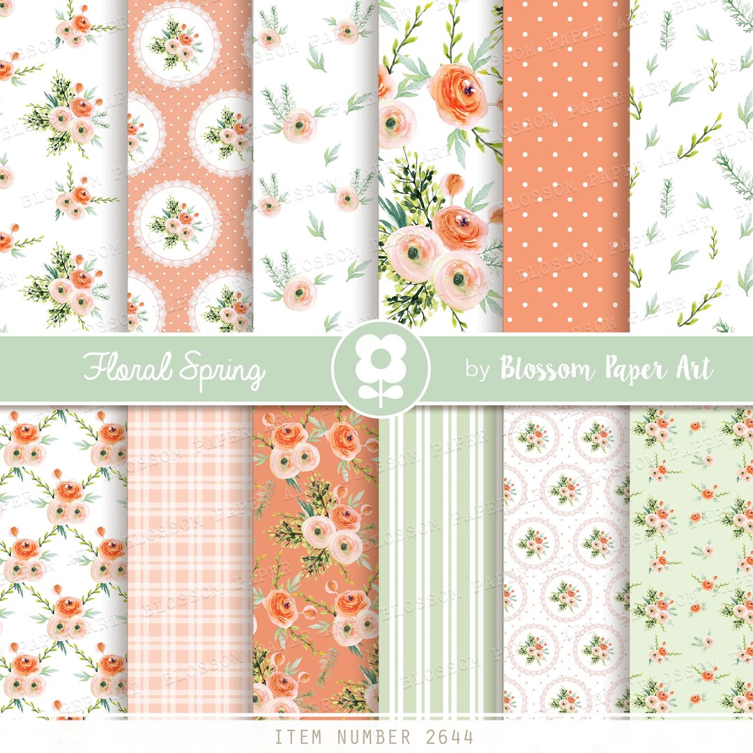 Orange Digital Paper, Floral Digital Paper Pack, Watercolor ...