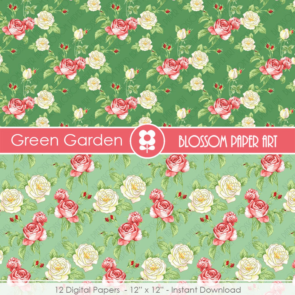 Green Scrapbook Paper Floral Digital Paper Roses Digital Paper | Etsy