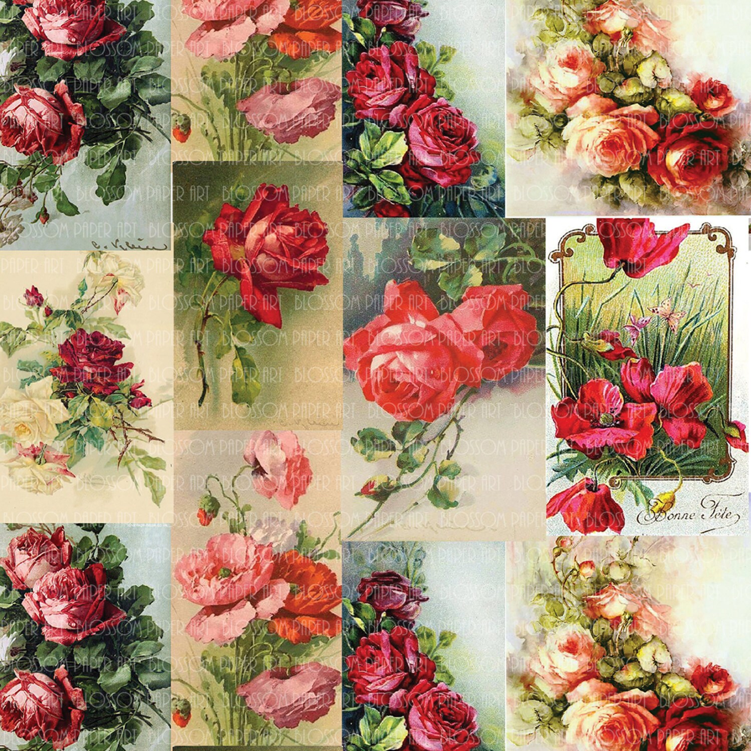 Red Roses Digital Paper Vintage Roses Collage Sheet Antique - Etsy