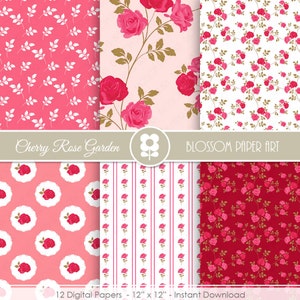 Rose Digital Paper, Shabby Chic Scrapbooking Paper Pack, Cherry Roses ...