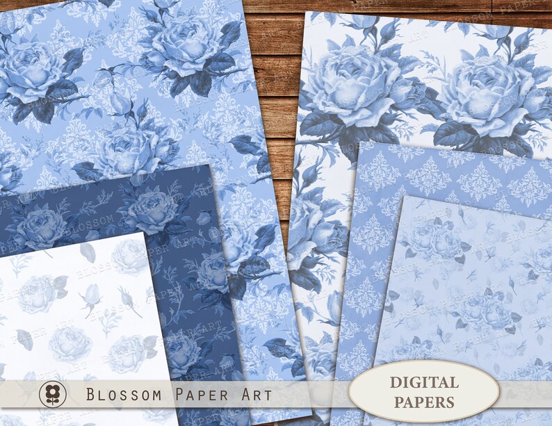 Blue Roses Digital Paper: Vintage Floral Scrapbook (digital Download ...