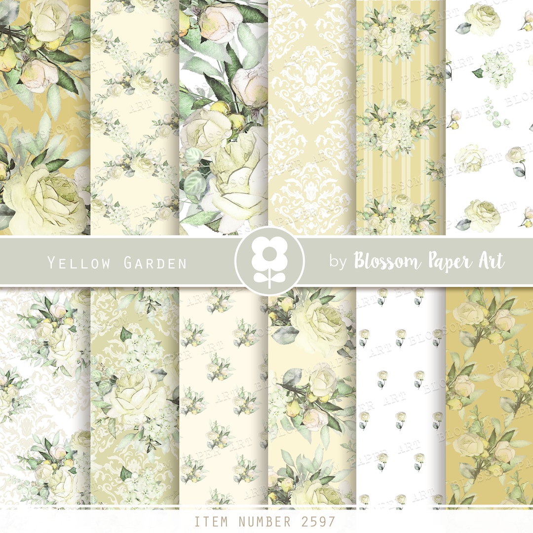Yellow Digital Papers, Floral Digital Paper Pack, Scrapbooking Flowers ...