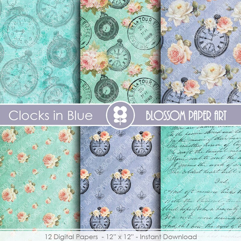 Blue Digital Paper Vintage Digital Paper in Blue Collage | Etsy