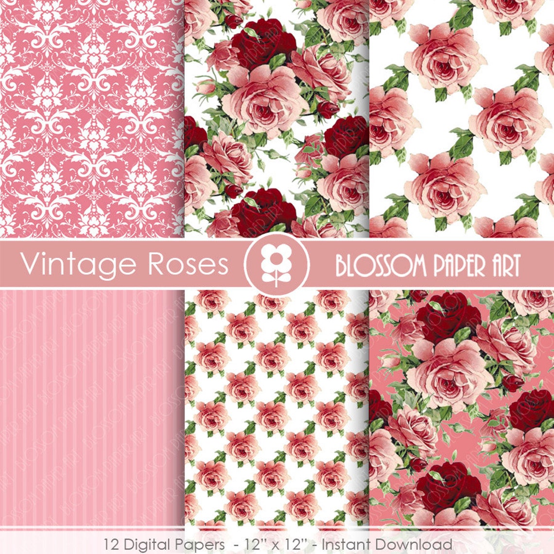 Pink Rose Digital Paper Rose Digital Paper Pack Pink Floral - Etsy