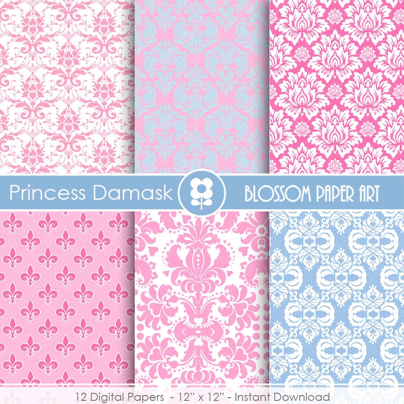 Princess Paper Pink Light Blue Digital Damask Paper Pack - Etsy