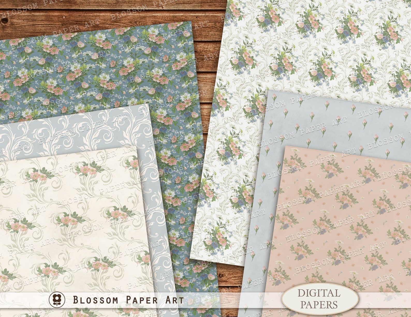 Digital Paper Shabby Chic Digital Paper Pack Peach and Blue | Etsy