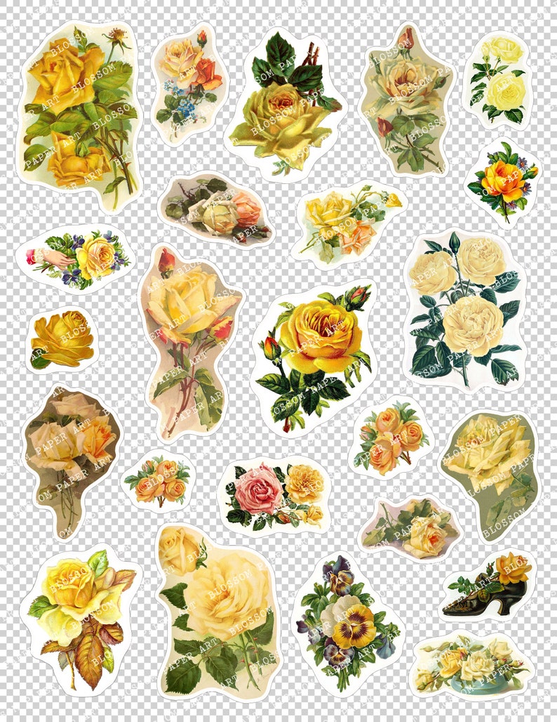 Printable Stickers VINTAGE Yellow Roses Digital Stickers - Etsy