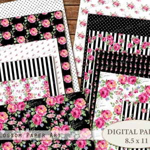 Pink and Black Digital Paper, Scrapbook Paper, Floral Collage Sheet ...
