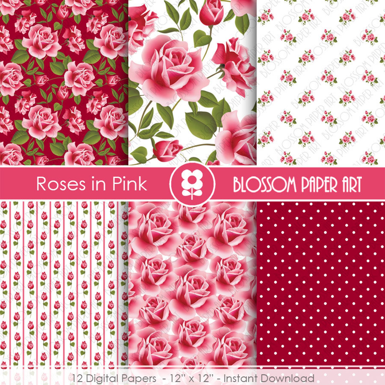 Rose Digital Paper Pink Rose Digital Paper Pack Pink Floral - Etsy