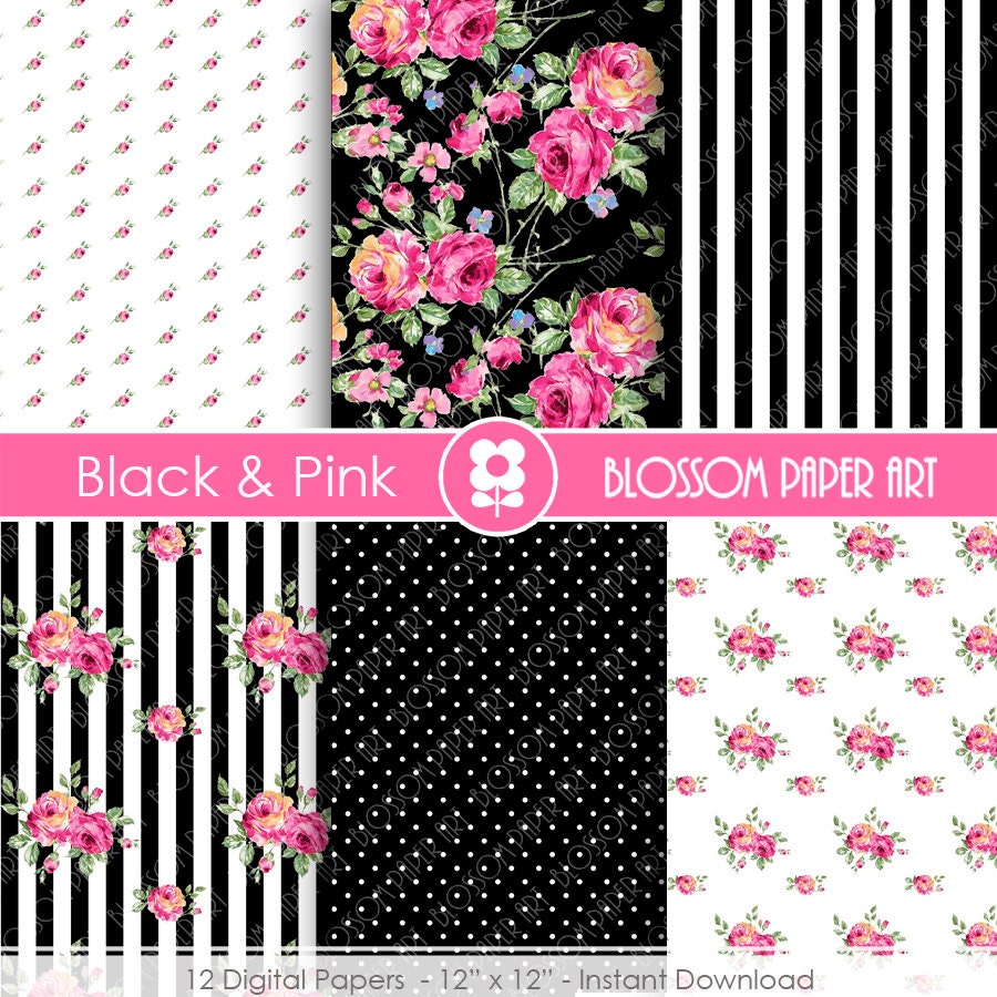 Pink and Black Digital Paper Floral Digital Paper Pack Pink - Etsy
