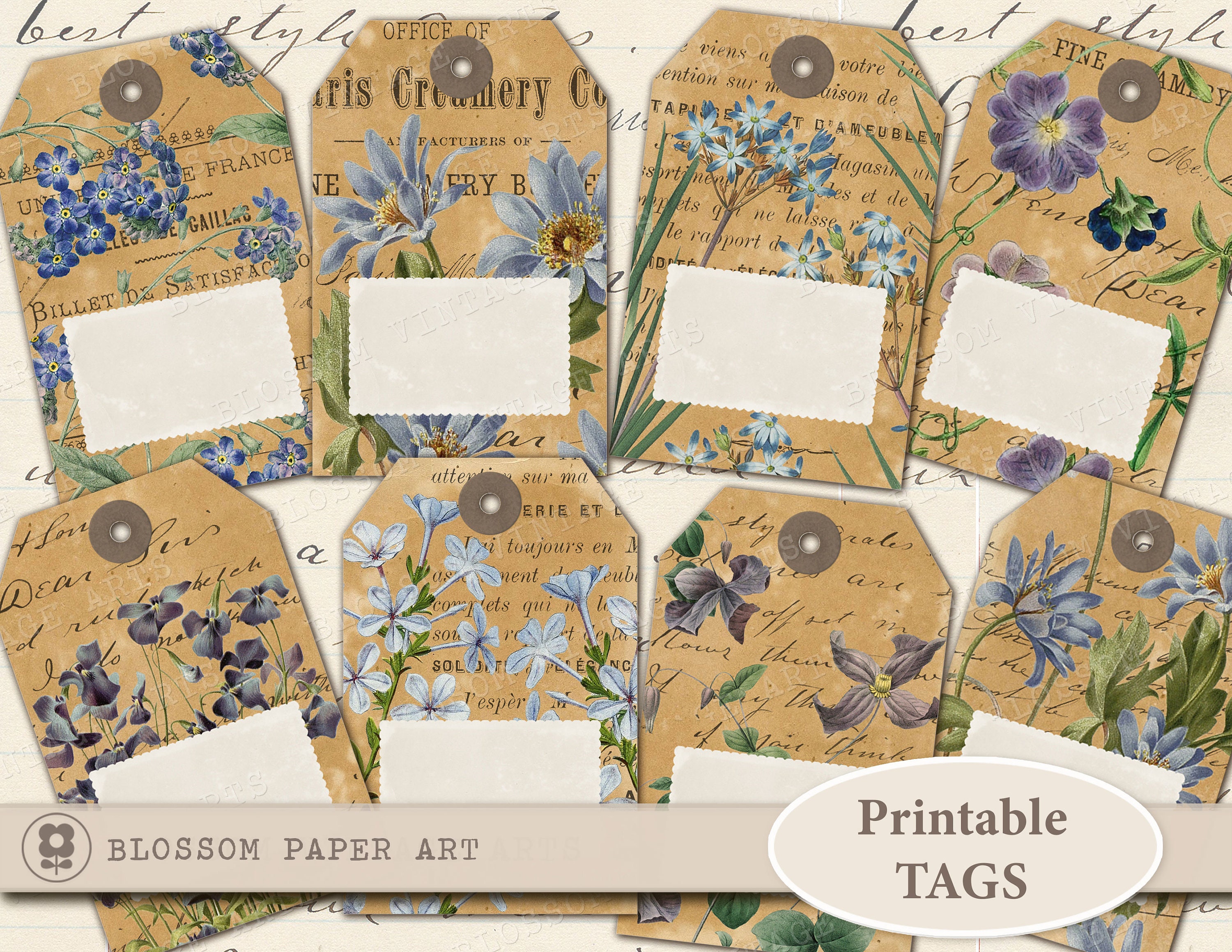 Old Paper Tags Floral Printable Tags VIntage Gift Tags | Etsy