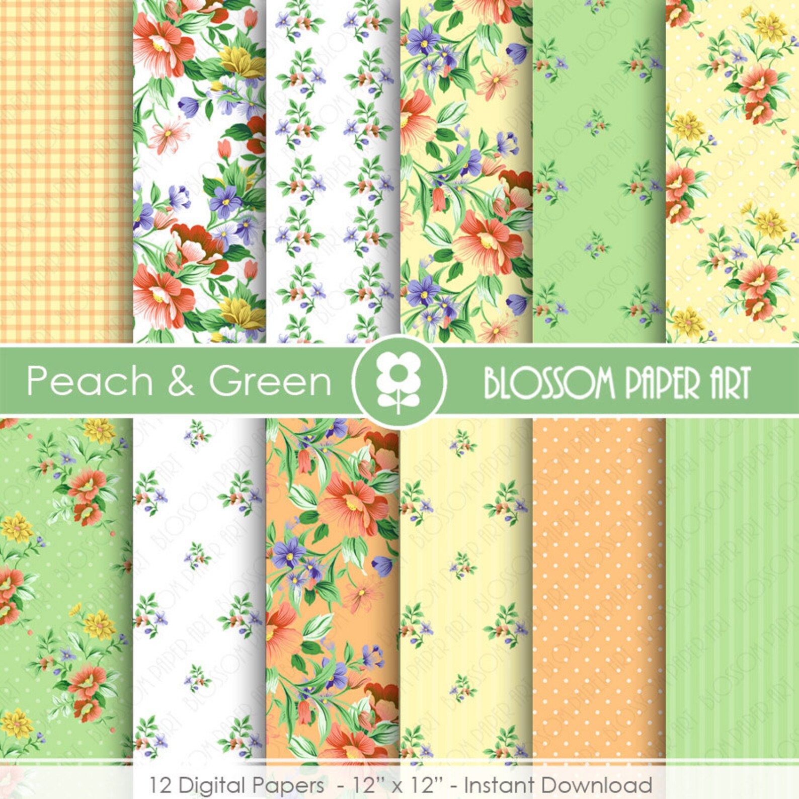 Floral Papers Peach Green Floral Digital Paper Peach Green - Etsy