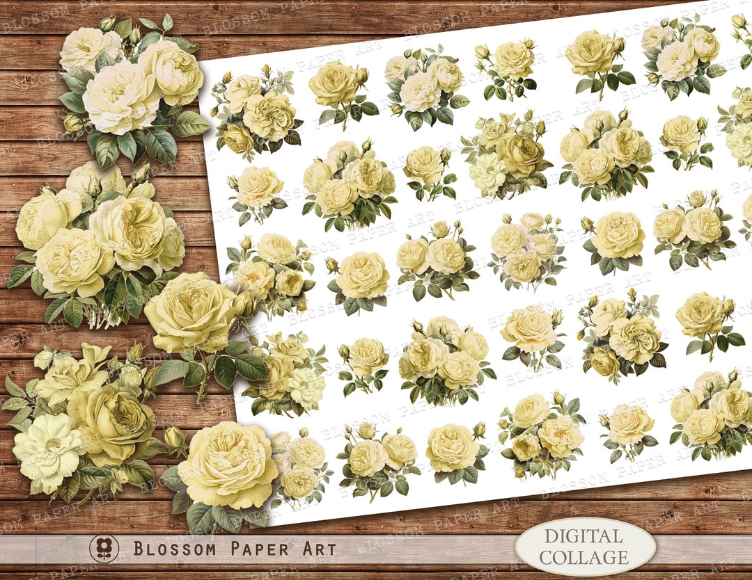 Yellow Rose Collage Sheet, Decoupage Roses, Printable Flowers, Digital ...