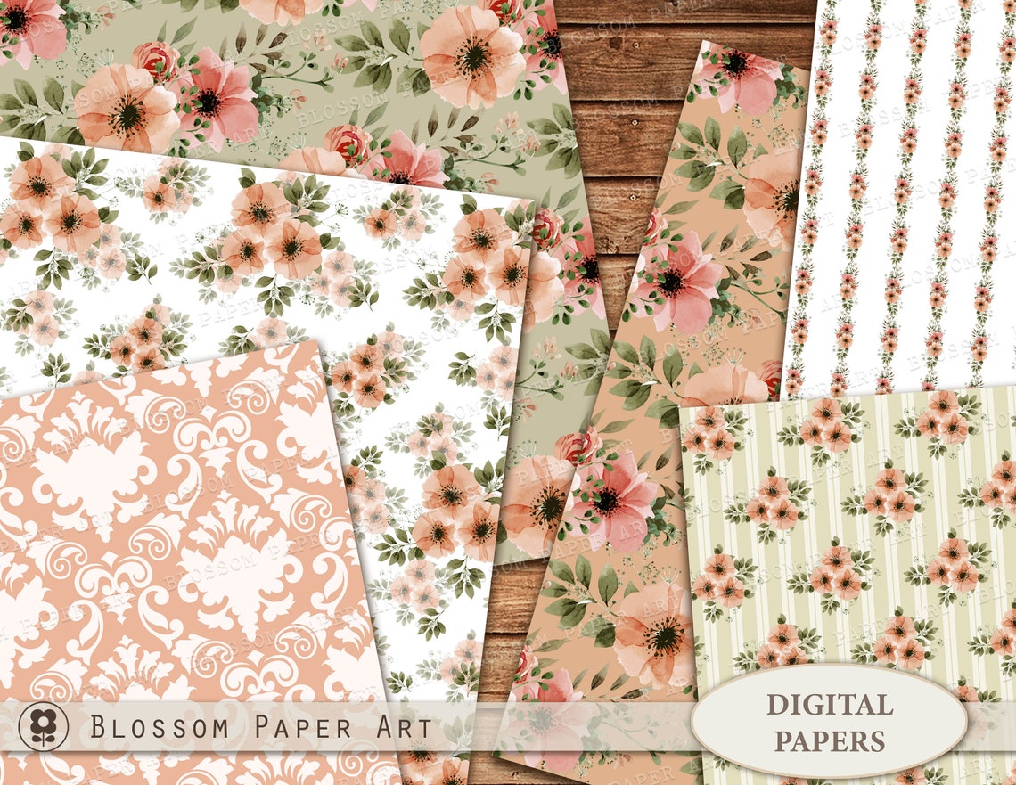 Floral Digital Paper Peach Digital Paper Scrapbooking Floral - Etsy