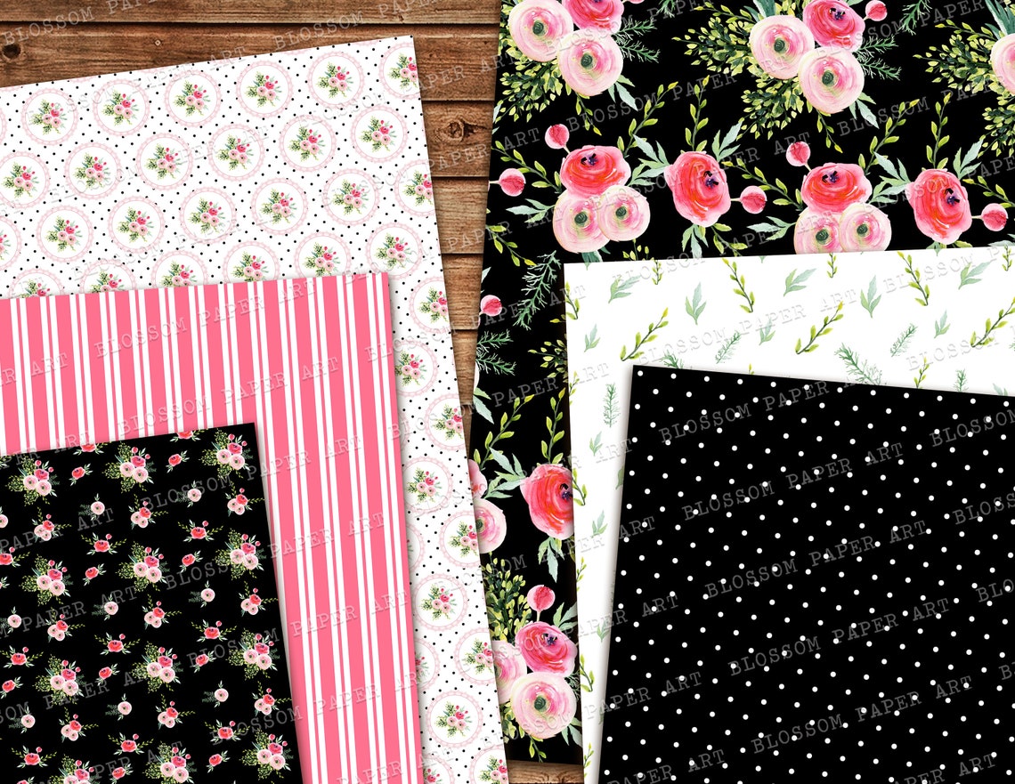Black and Pink Floral Digital Paper Pink and Black Digital | Etsy