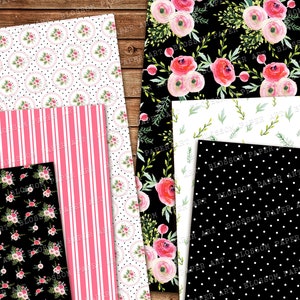 Black and Pink Floral Digital Paper, Pink and Black Digital Paper Pack ...