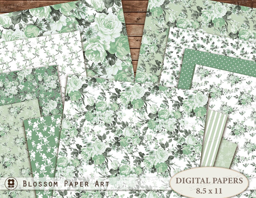 Digital Paper Green Floral Paper Pack, Green Scrapbook Paper, Floral ...