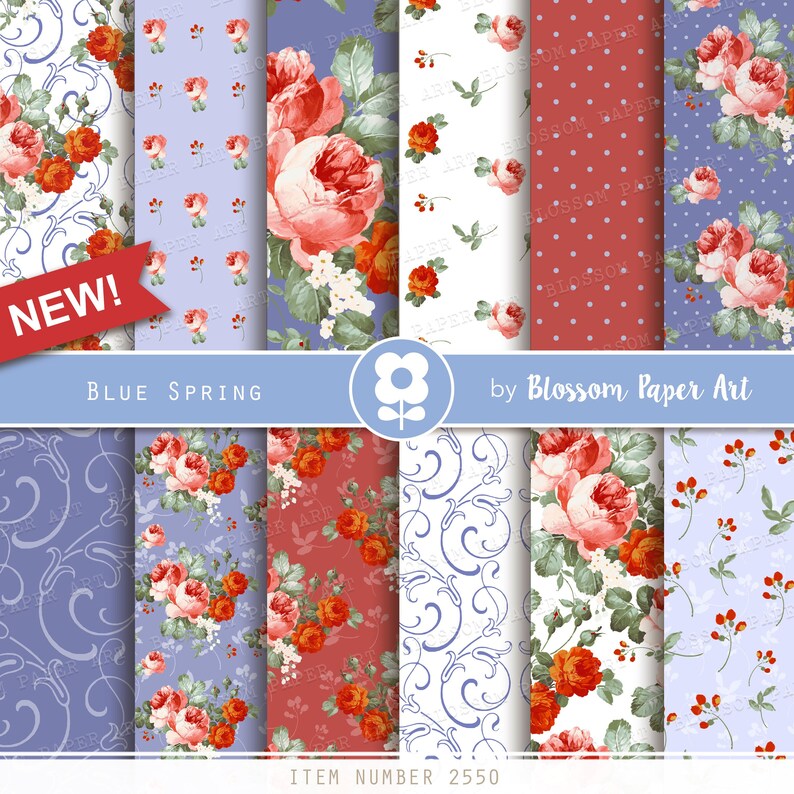 Blue Digital Paper Scrapbook Paper Floral Digital Papers | Etsy