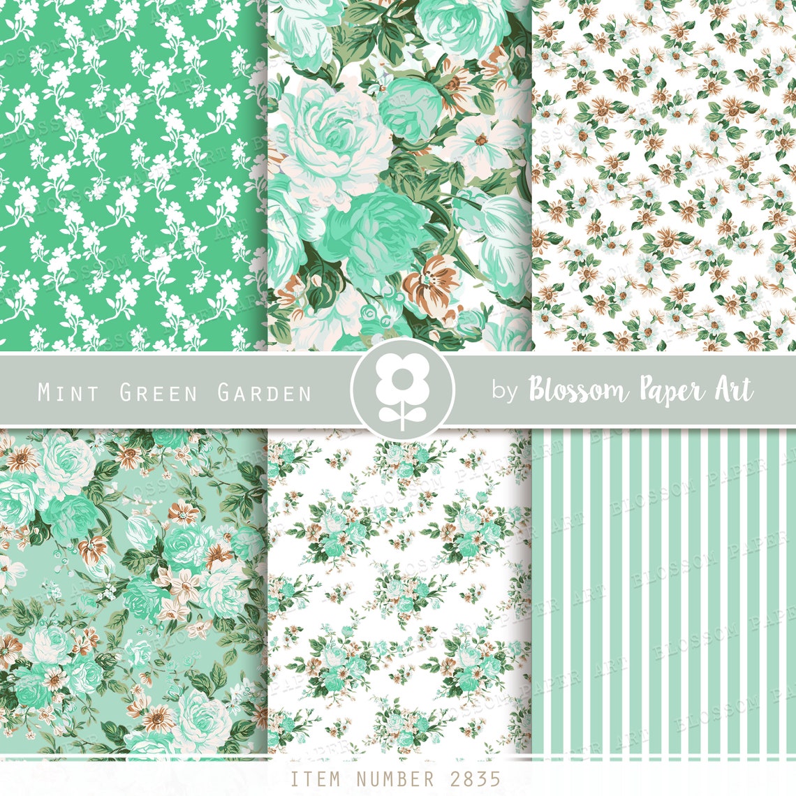 Green Mint Digital Papers Floral Digital Paper Pack Rose - Etsy