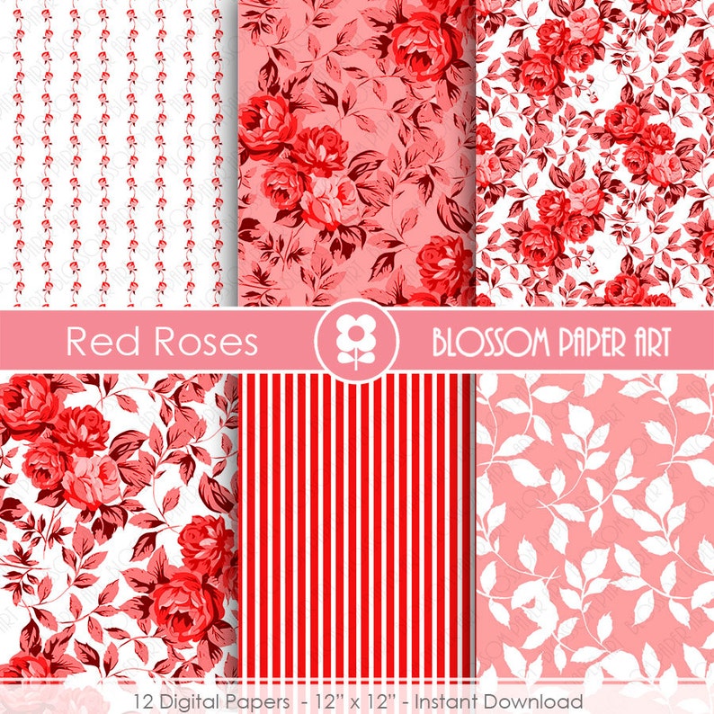 Red Digital Paper Red Floral Paper Pack Red Scrapbook Paper - Etsy