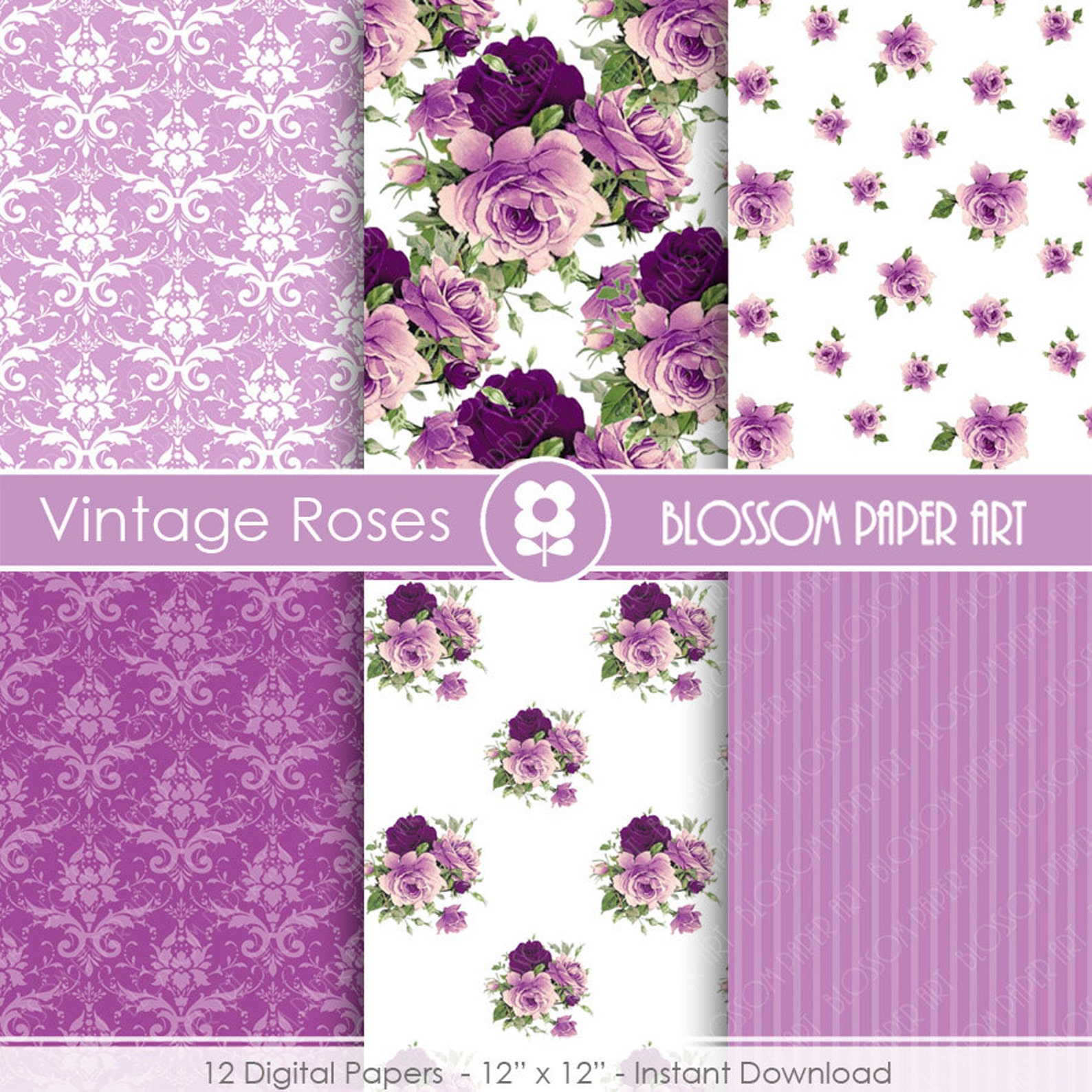 Rose Digital Paper Violet Digital Paper Pack Purple | Etsy