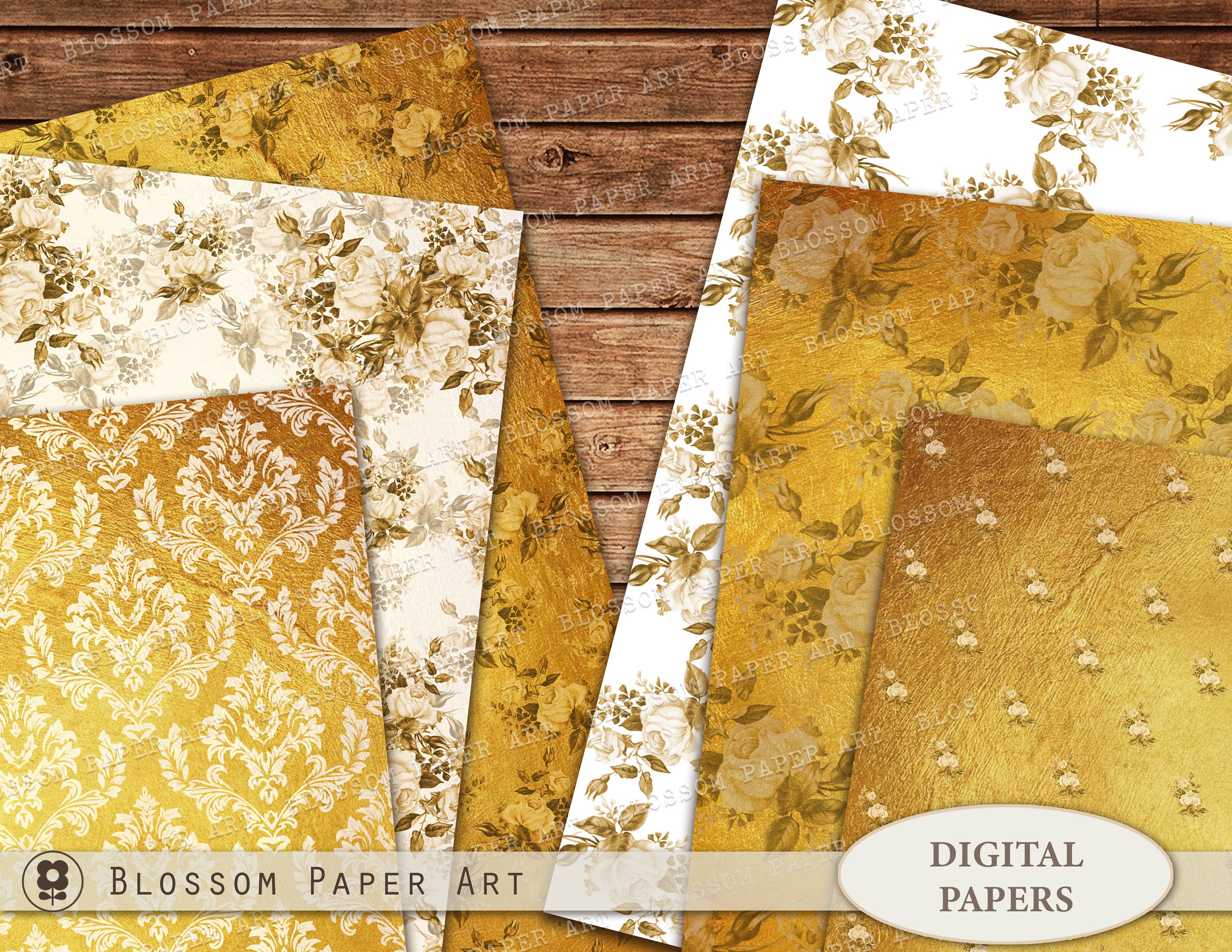 Gold Digital Paper Gold Floral Collage Sheet Roses Digital | Etsy