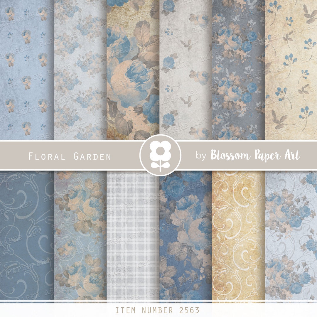 Blue Floral Digital Paper, Vintage Scrapbook Paper, Roses Collage Sheet ...