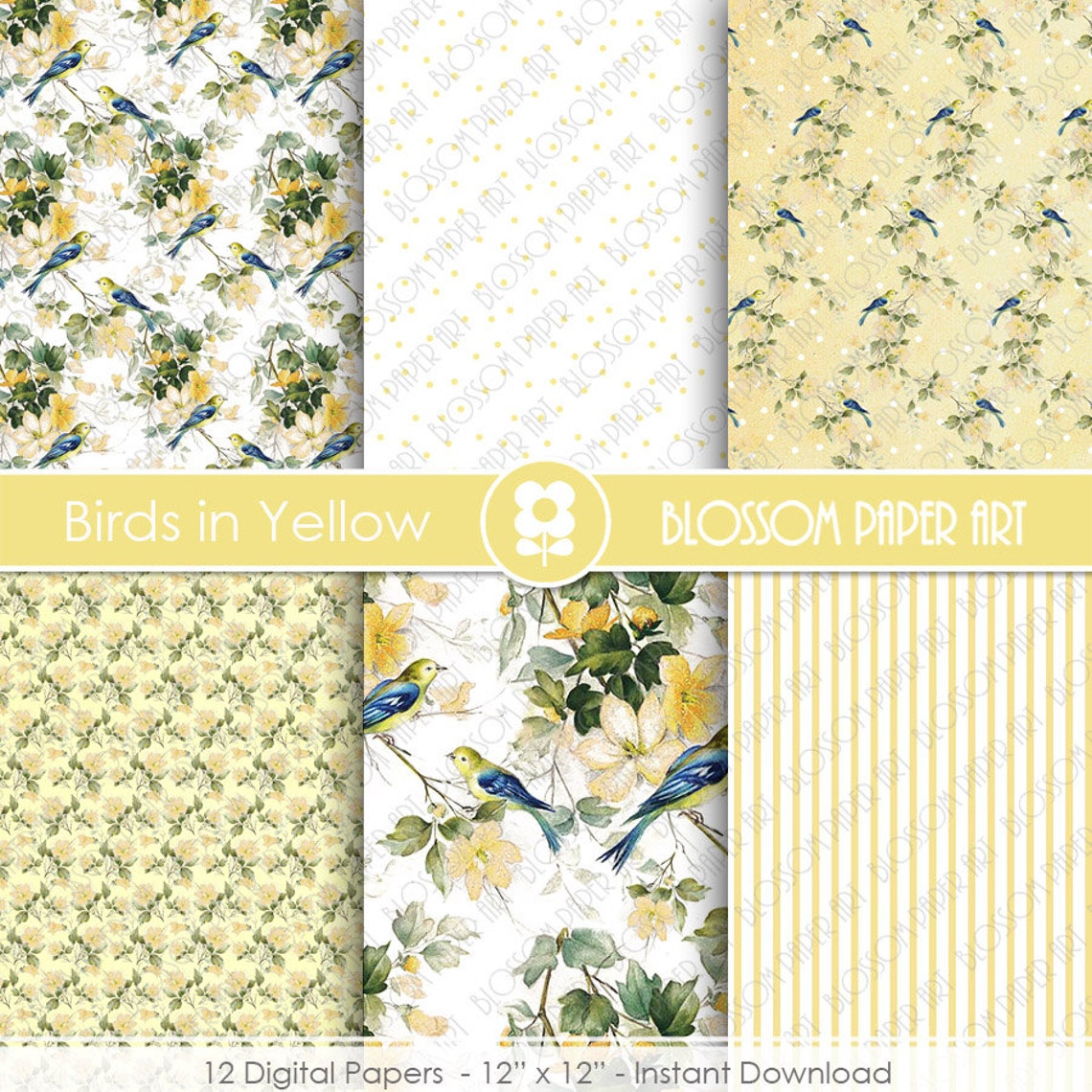 Birds Digital Paper Yellow Digital Paper Scrapbook Paper - Etsy